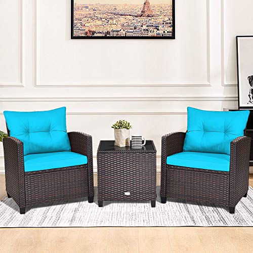 HAPPYGRILL 3-Piece Patio Furniture Set Outdoor Rattan Wicker Bistro Sofa Set Conversation Furniture with Cushion & Table