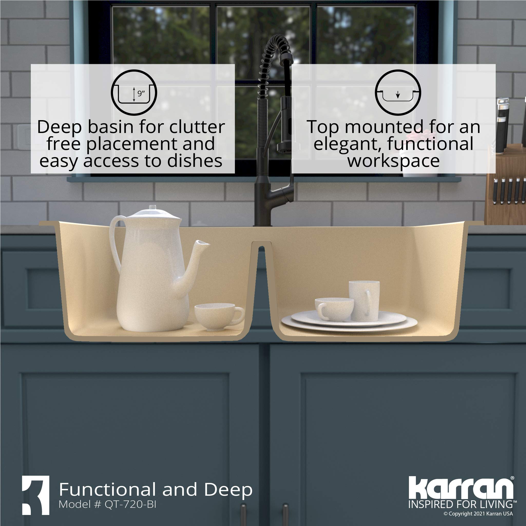 Karran QT-720 Drop-In Quartz Composite 34 in. 1-Hole 50/50 Double Bowl Kitchen Sink in Bisque