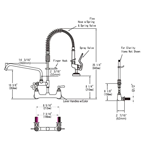 IMLEZON Commercial Wall Mount Kitchen Sink Faucets Brass Constructed Polished Chrome Pre-Rinse Device 25" Height 8" Center with Coilded Spring Pull Down Sprayer and 12" Add-on Spout