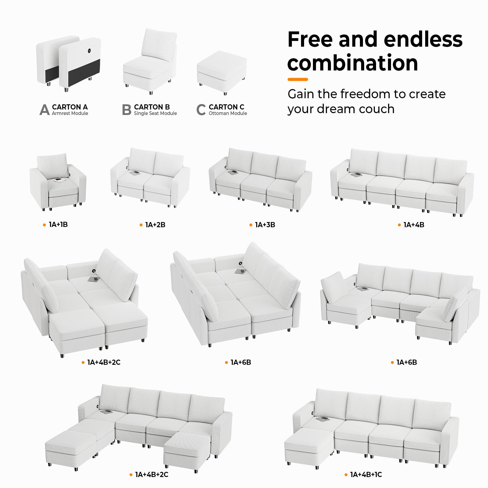 Karl home Modular Sectional Sofa Carton A Armrest Module Piece, Linen Fabric White