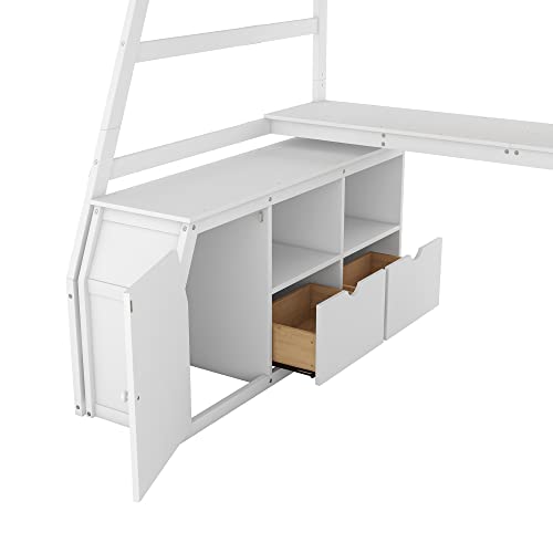 Merax Loft Bed Twin Size, Wooden Frame with Desk and Storage, Space-Saving Design with Convenient Multi-Drawers & Cabinet, for Teens Adults (White)