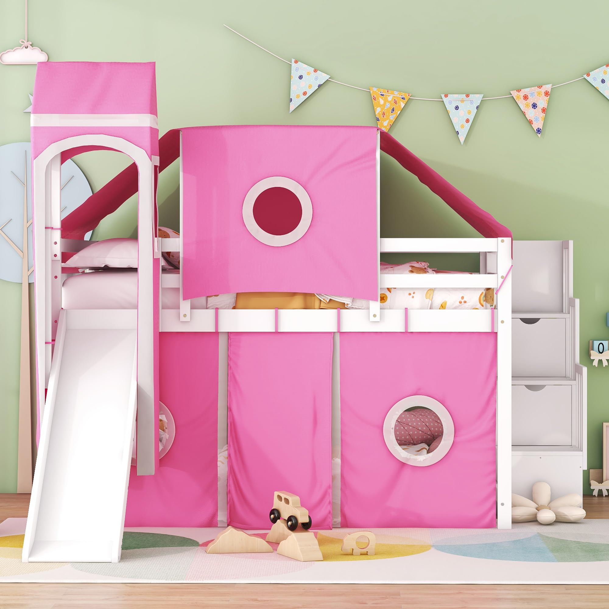 Merax Low Loft Bed Full Size with Slide and Storage Stairs, Wood Loft Bed with Tent & Tower, for Boys & Girls, Pink