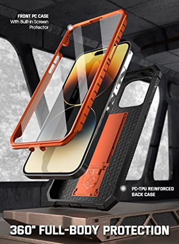 Poetic Compatible with iPhone 14 Pro Max Case, Spartan Phone Case for iPhone 14 Pro Max, Full Body Leather Texture Shockproof Protective Cover with Screen Protector and Kickstand, Metallic Orange