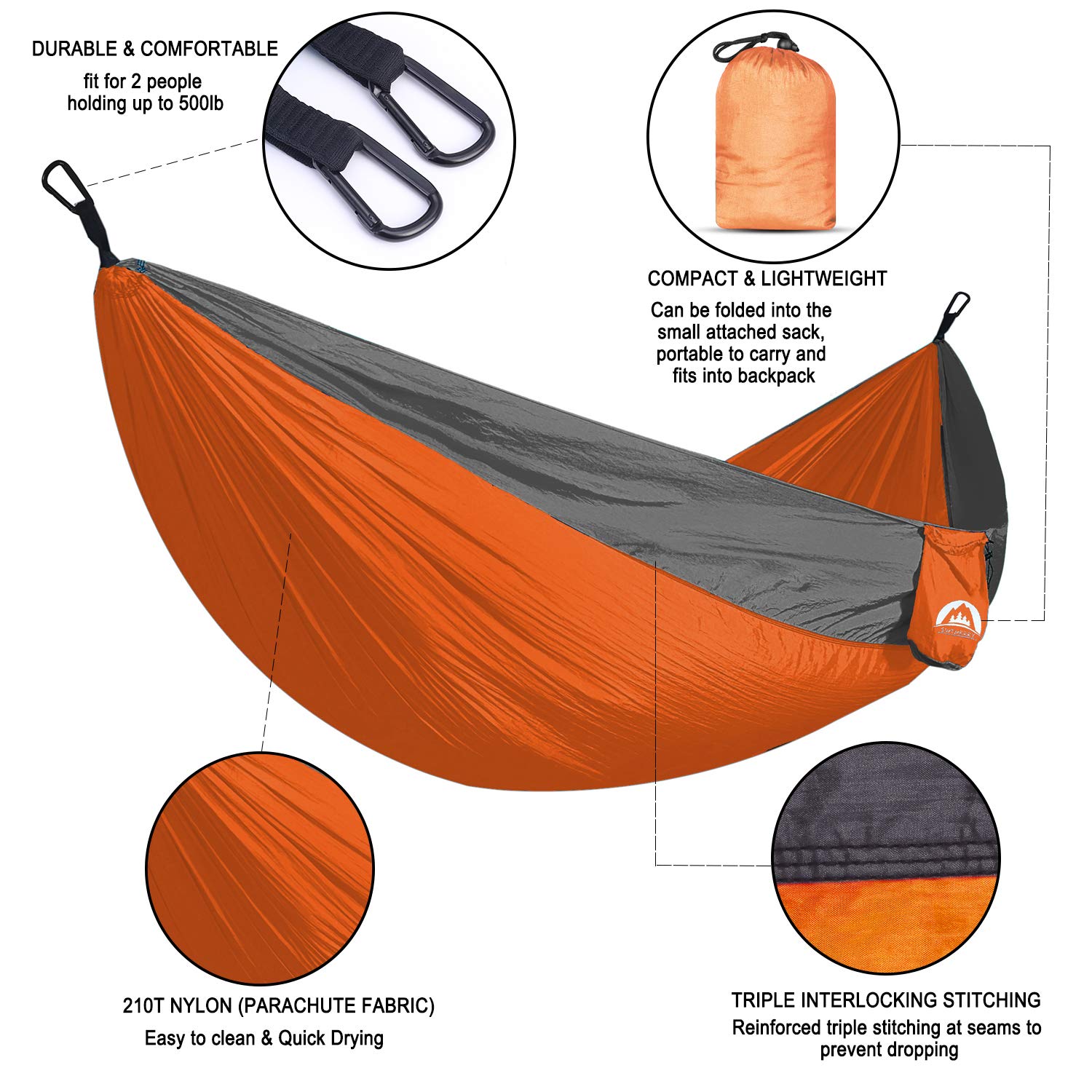 Double Camping Hammock Lightweight Parachute Nylon | Portable Hammocks with Tree Straps | Hammock 2 Person Heavy Duty | Hammock Backpacking for Camping, Backyard, Hiking, Beach (Orange & Gray)