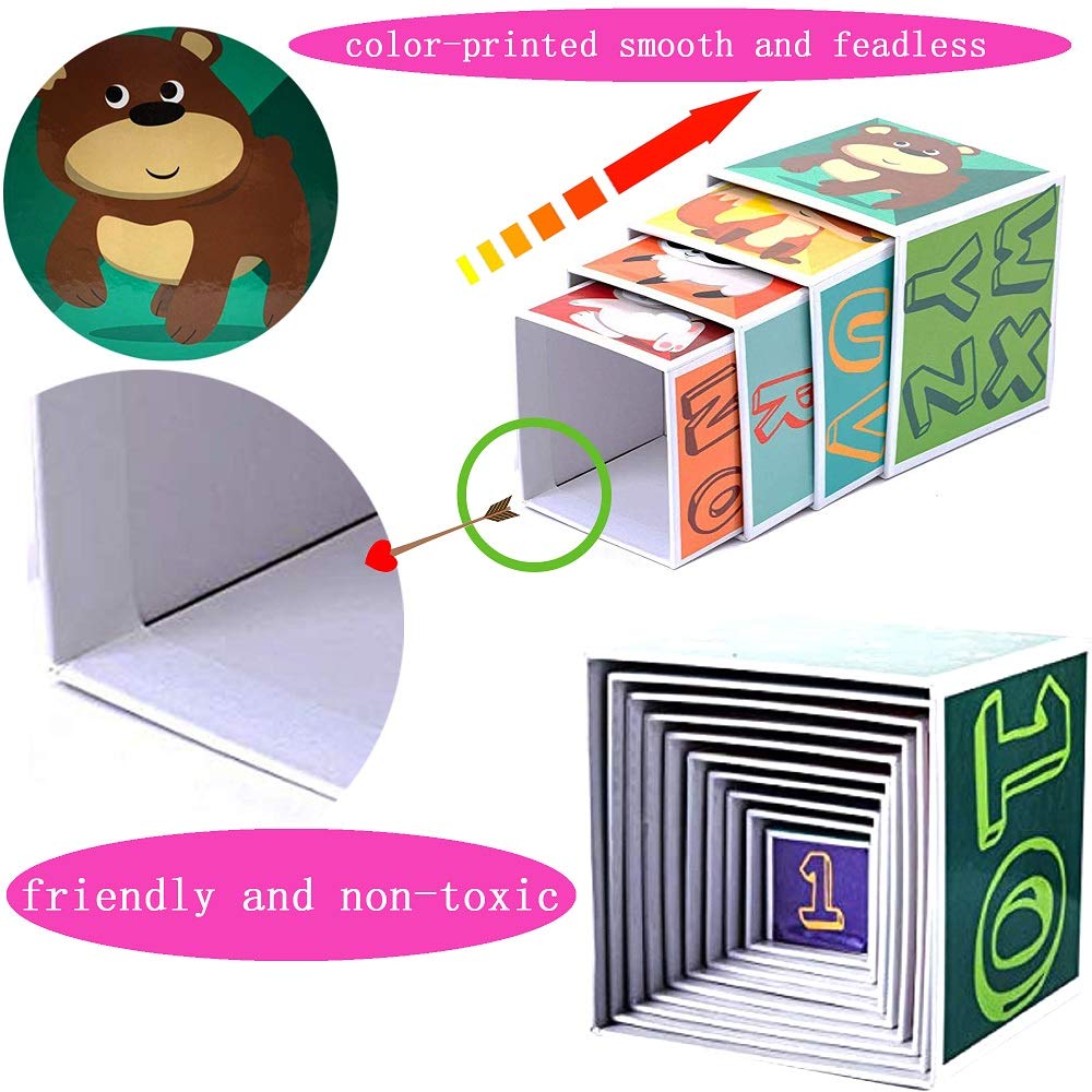CRUISTORE Cardboard Nesting and Stacking Blocks Set | 10 Pcs of Blocks with Animal、Plant、Numbers、Letters | Development Stacking Games for Kids Toddlers