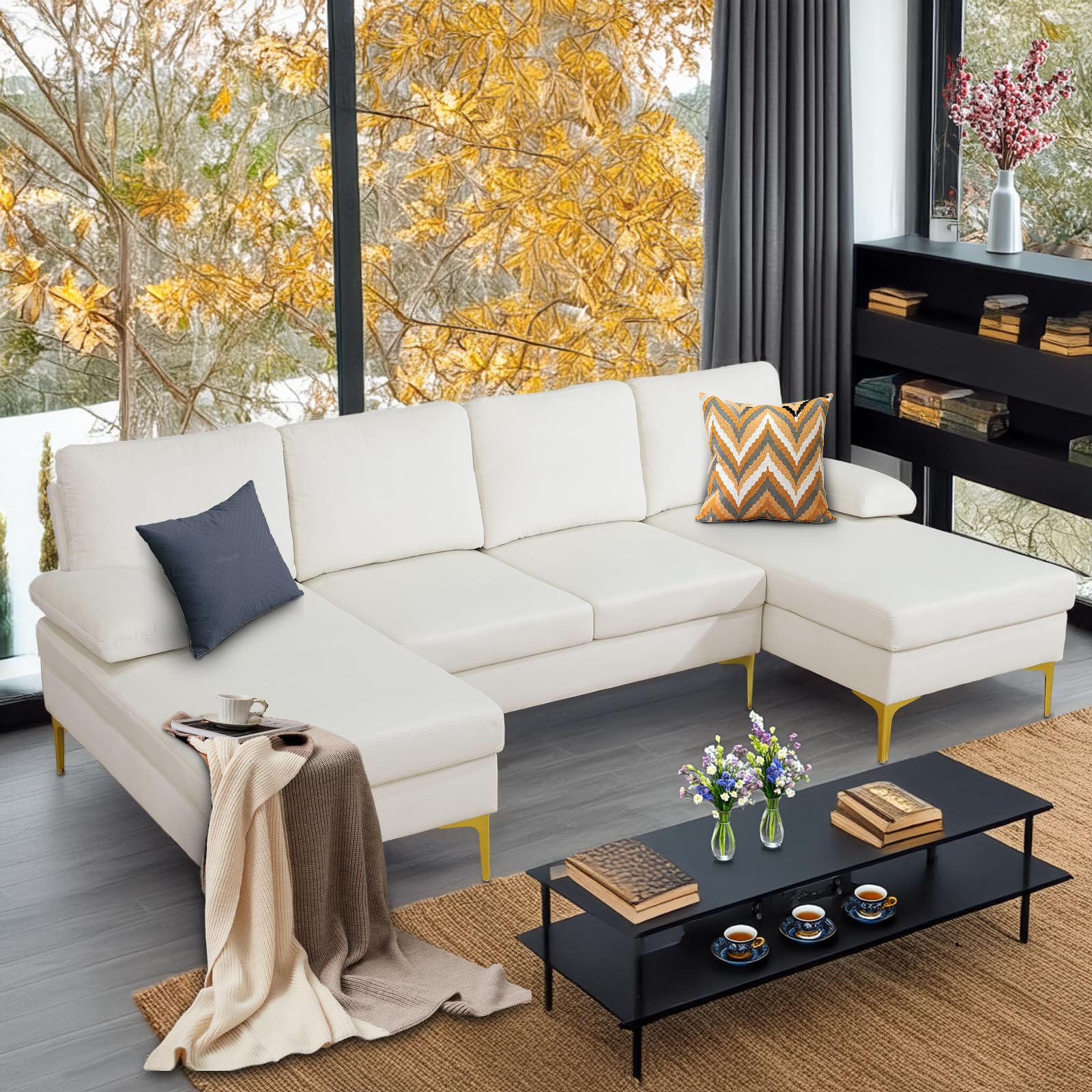 HZANHY Convertible Sectional Sofa Couch, 4 Seat Sofa Set for Living Room U-Shaped Modern Fabric Modular Sofa Sleeper with Double Chaise, Short Plush Fabric Sofa Couch (White)
