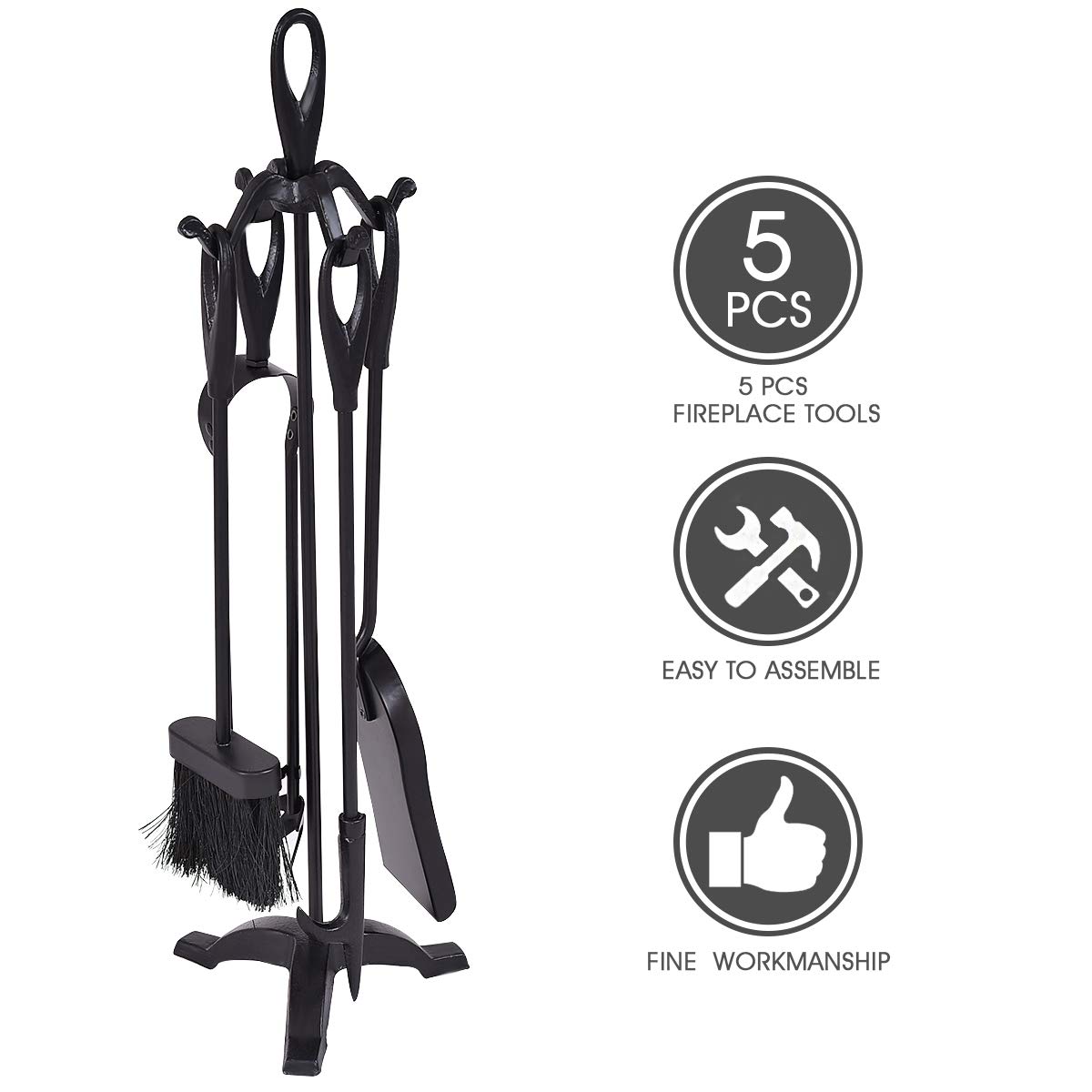 Tangkula Fireplace Set 5 Piece Rustic Heavy Duty Compact Wrought Iron Fire Place Tool Set with Pedestal Place, Hearth Tool, 25.5"