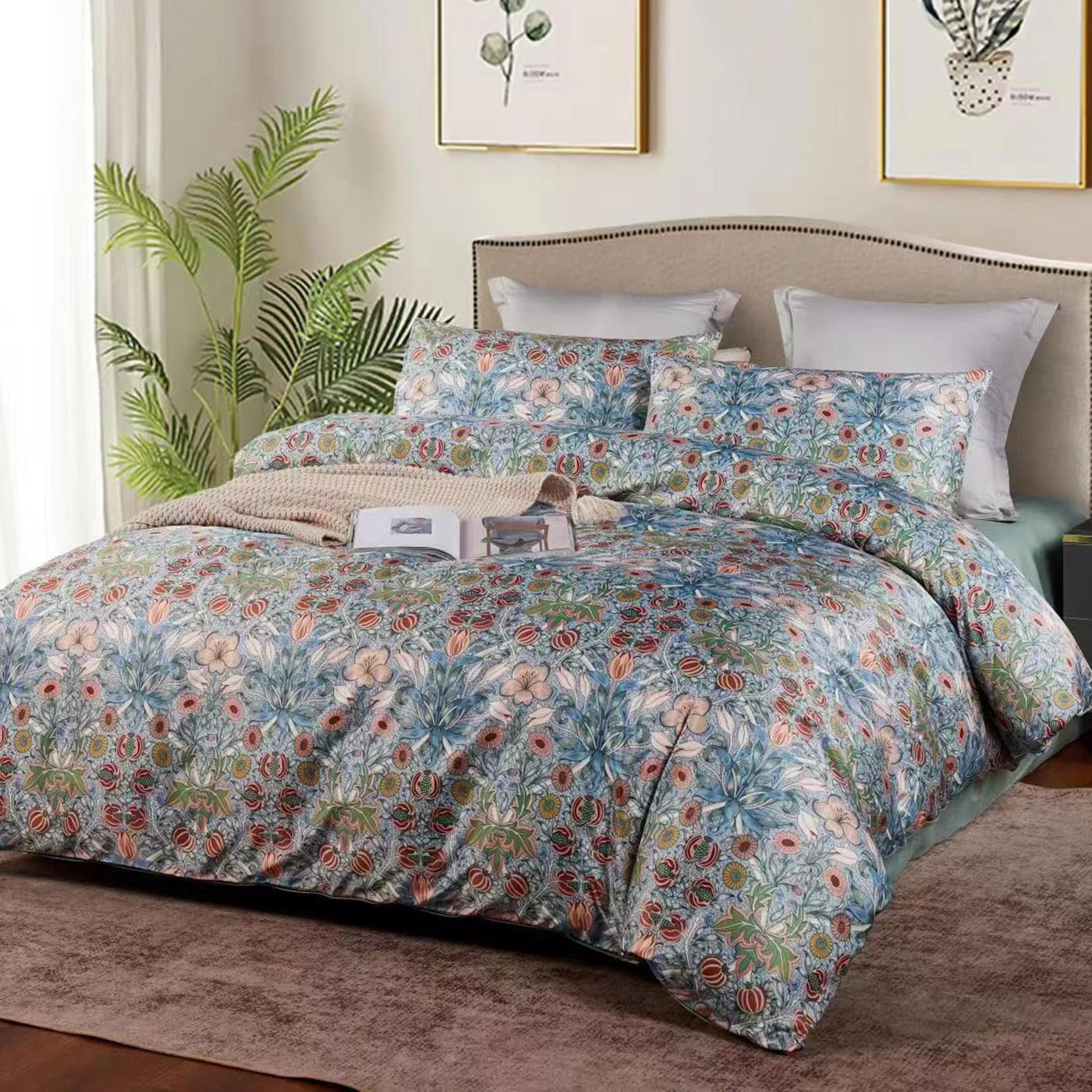 KASBLUEL Boho Floral Duvet Cover King, 5 Pieces Green Paisley Comforter Covers, Aesthetic Bedding Sets, Artistic Flower Pattern Bed Set, Soft Microfiber Vintage Style with Zipper