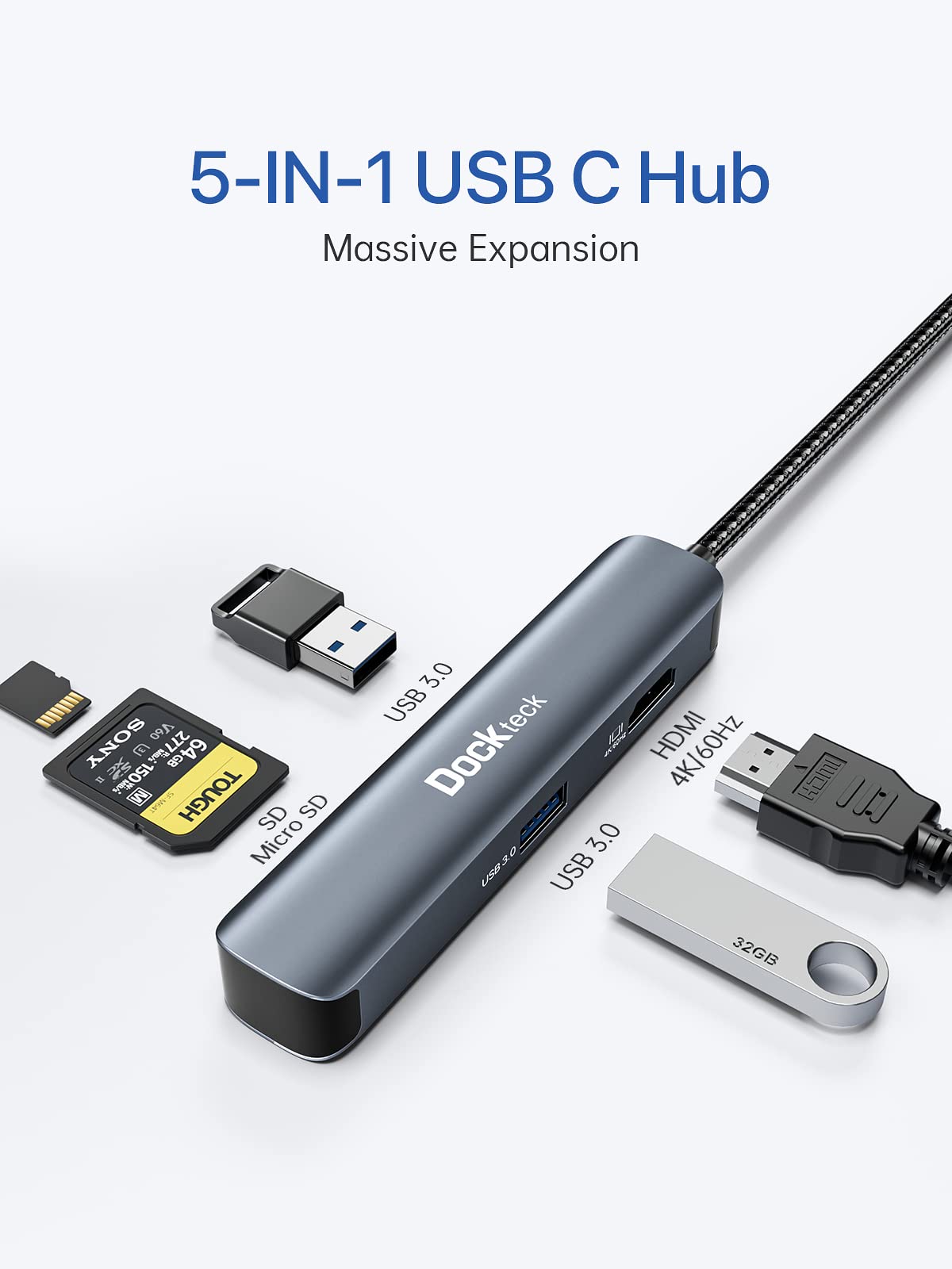 USB C Hub 4K 60Hz, USB C Adapter, Dockteck 5-in-1 USB-C Hub Multiport Adapter, SD/Micro SD Card Reader, 2 USB 3.0, for MacBook Air/Pro, iPad Air/Pro, XPS