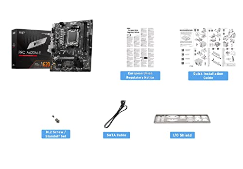 MSI PRO A620M-E ProSeries Motherboard (AMD AM5, DDR5, PCIe 4.0, SATA 6Gb/s, M.2, USB 3.2 Gen 1, Gbps LAN, DVI/HDMI, mATX)