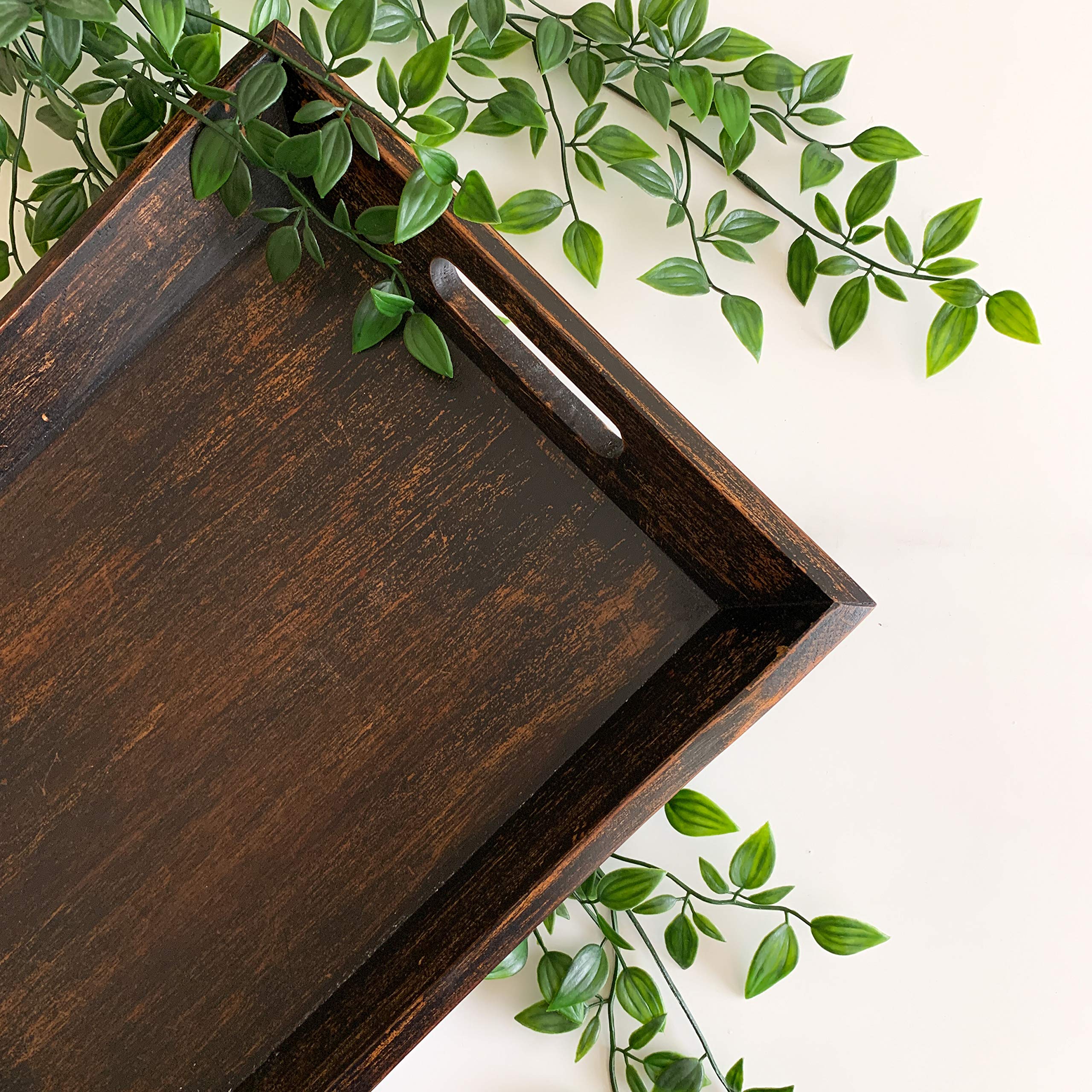 ECOPiks Handmade Curve Wooden Serving Tray with Handles, Vintage Coffee Table Decor Tray Ottoman Tray Bed Tray Couch Tray Rustic Farmhouse Tray - Dark Brown 16 x 12’’ Small