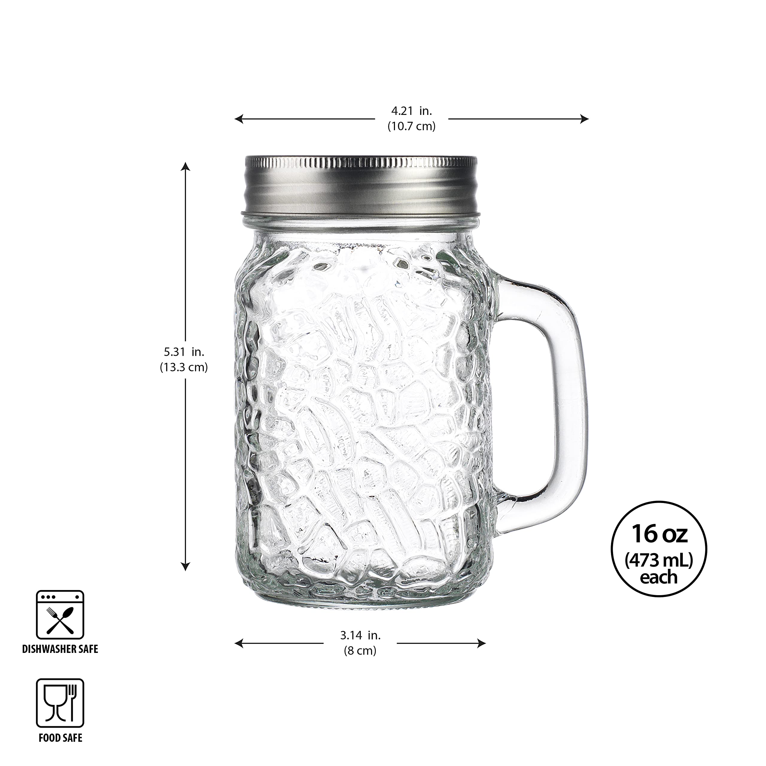 Glaver's Mason Jar Cups 16Oz β Set of 4 Mason Jars with Lids and Handles β Hammered Style Large Mason Cups for Parties, Dinner, Home, Lemonade, Smoothies, Cocktails, Drinks - Dishwasher Safe.