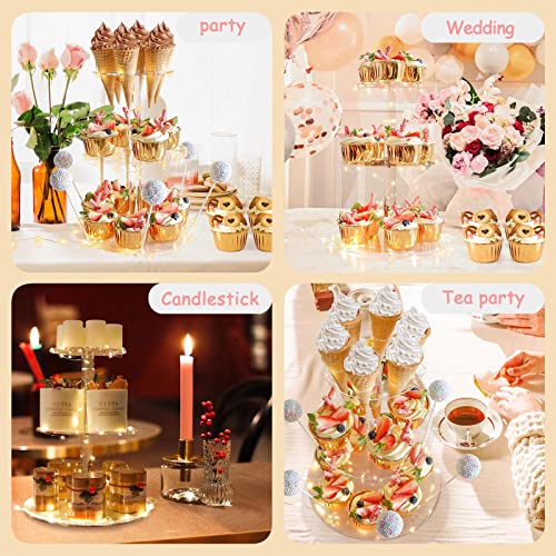 HURZMORO 3 Tier Round Acrylic Cupcake Tower Stand for 24 Cupcakes, Dessert Stands with LED String Light,3 in 1 Ice Cream Lolliopop Cupcake Display for Birthday Wedding Graduation Baby Shower Tea Party