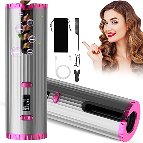 Cordless Hair Curler, Automatic Curling Iron with 6 Temps & Timer, Automatic Hair Curler, Ceramic Barrel Cordless Curler, Fast Heating Spin Curling Irons for Beginners