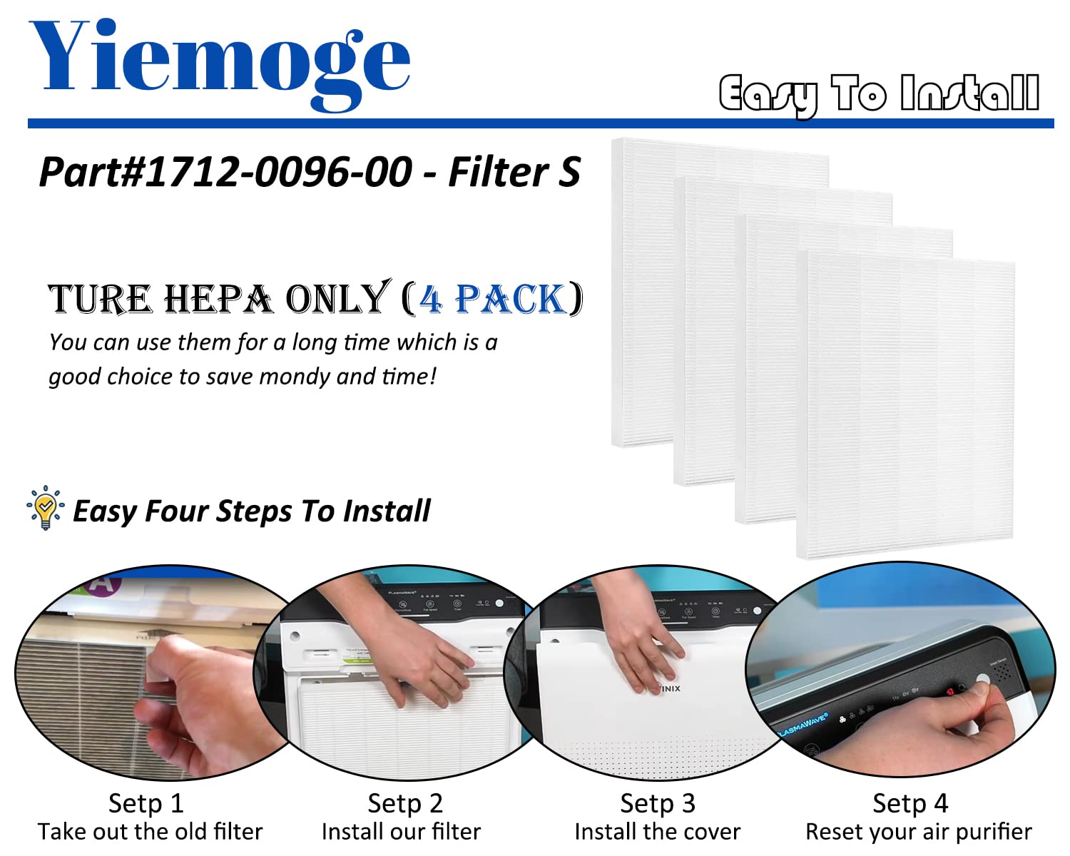 Yiemoge True HEPA Replacement Filter Compatible with Winix C545 Air Purifier, Winix Model C545 P150 B151 113050 Filter S, Part Number 1712-0096-00 (4 HEPA Filters)