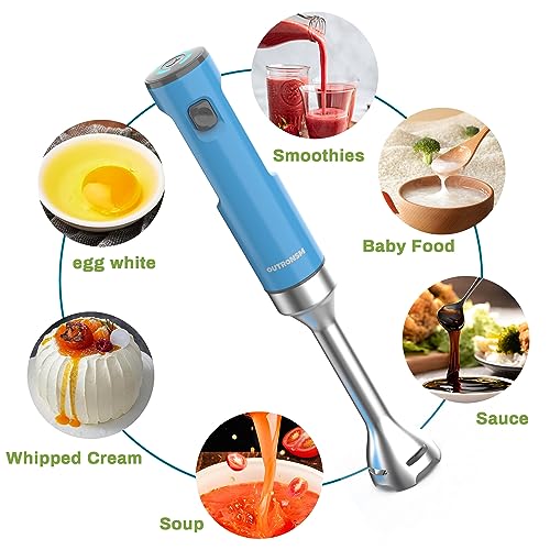 Cordless Hand Blender, OUTRONSM Immersion Blender Rechargeable, with Charging Cable, 500ml Chopper, 600ml container, Egg Whisk, for Smoothies, Milkshakes, Baby Food and Soups β Blue