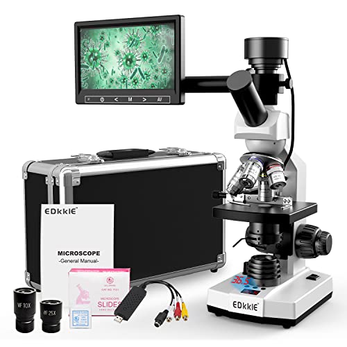 Microscope for Adults with 40X-2500X Magnification,Dual-View Lab Compound Monocular Microscopes with Adjustable Thermostat Mechanical Stage, WF10X/25X Eyepiece, 7'' LCD Screen, Built in 5MP Camera