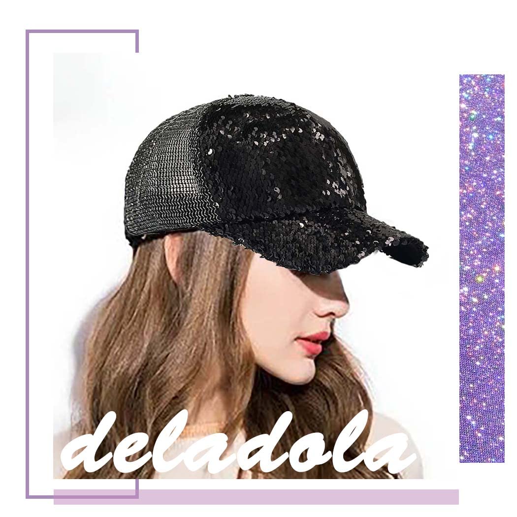 deladola Glitter Sequin Baseball Hat Women Sparkly Stylish Plain Ajustable Cap Party Festival Rave Outdoor Hats for Men Black
