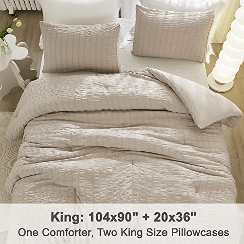Litanika King Size Comforter Set Khaki, 3 Pieces Lightweight Seersucker Bedding Comforters Sets, Soft Bed Set (104x90In Comforter & 2 Pillowcases)