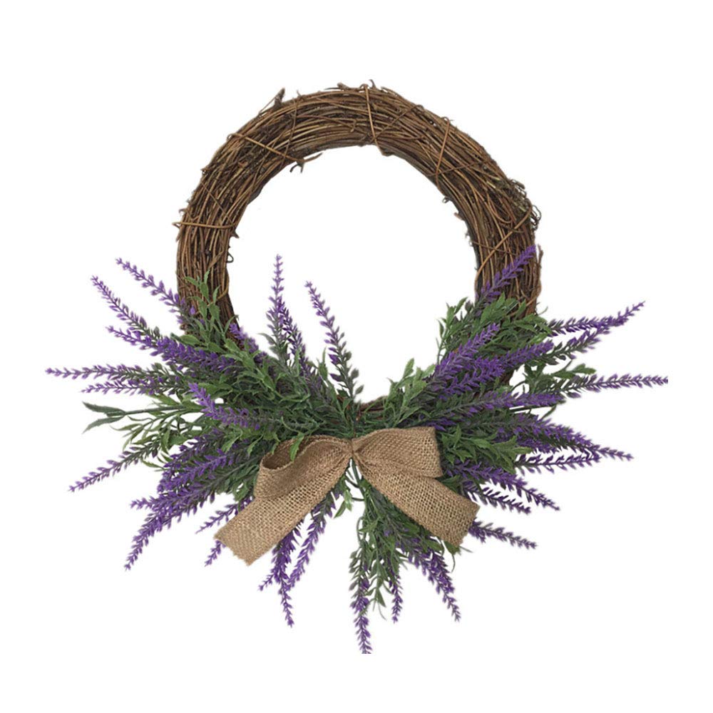 YINKUU 14 Inch Artificial Lavender Wreath, Silk Lavender Wreath with Bow, Spring Summer Hanging Wreath for Front Door Window Wall Wedding Party Home Garden Christmas Decor, Purple,