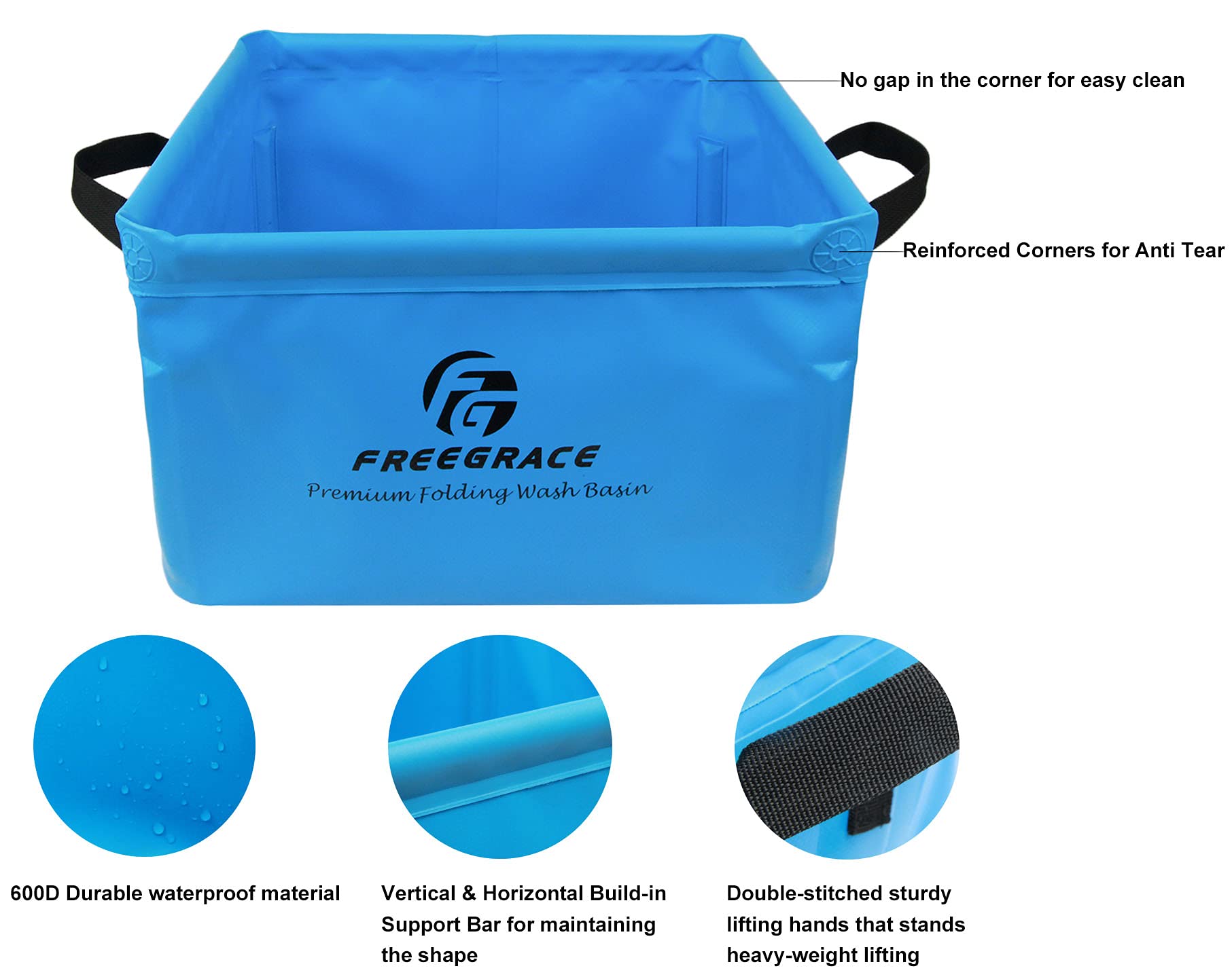 Freegrace Folding Wash Basin - Premium Collapsible Water Sink Container - Lightweight & Durable - Wash Dishes Everywhere - Suitable for Camping & Outdoor Activities (Blue)