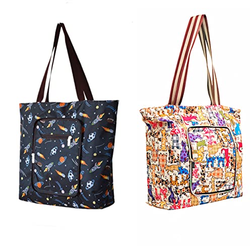 Reusable Grocery Shopping Bags Set of 2 Recycling Shopping Totes with Long Handles Foldable Washable Heavy Duty Large Waterproof Shopper Baggies With Zipper Large Daily Use Bags For Working Traveling…