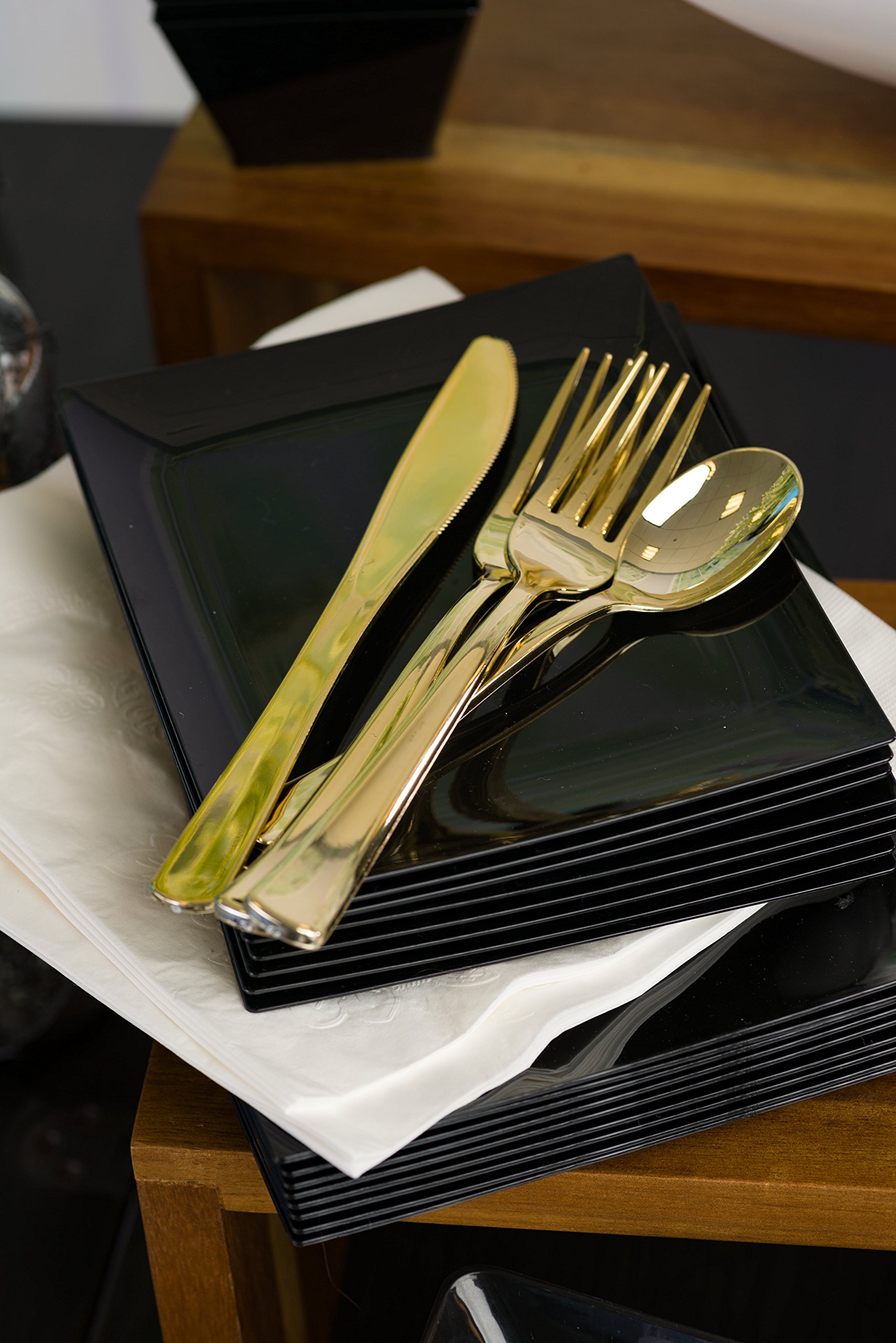 Plastic Cutlery Silverware Extra Heavyweight Disposable Flatware, Full Size Plastic Spoons Like Gold 24 Pack