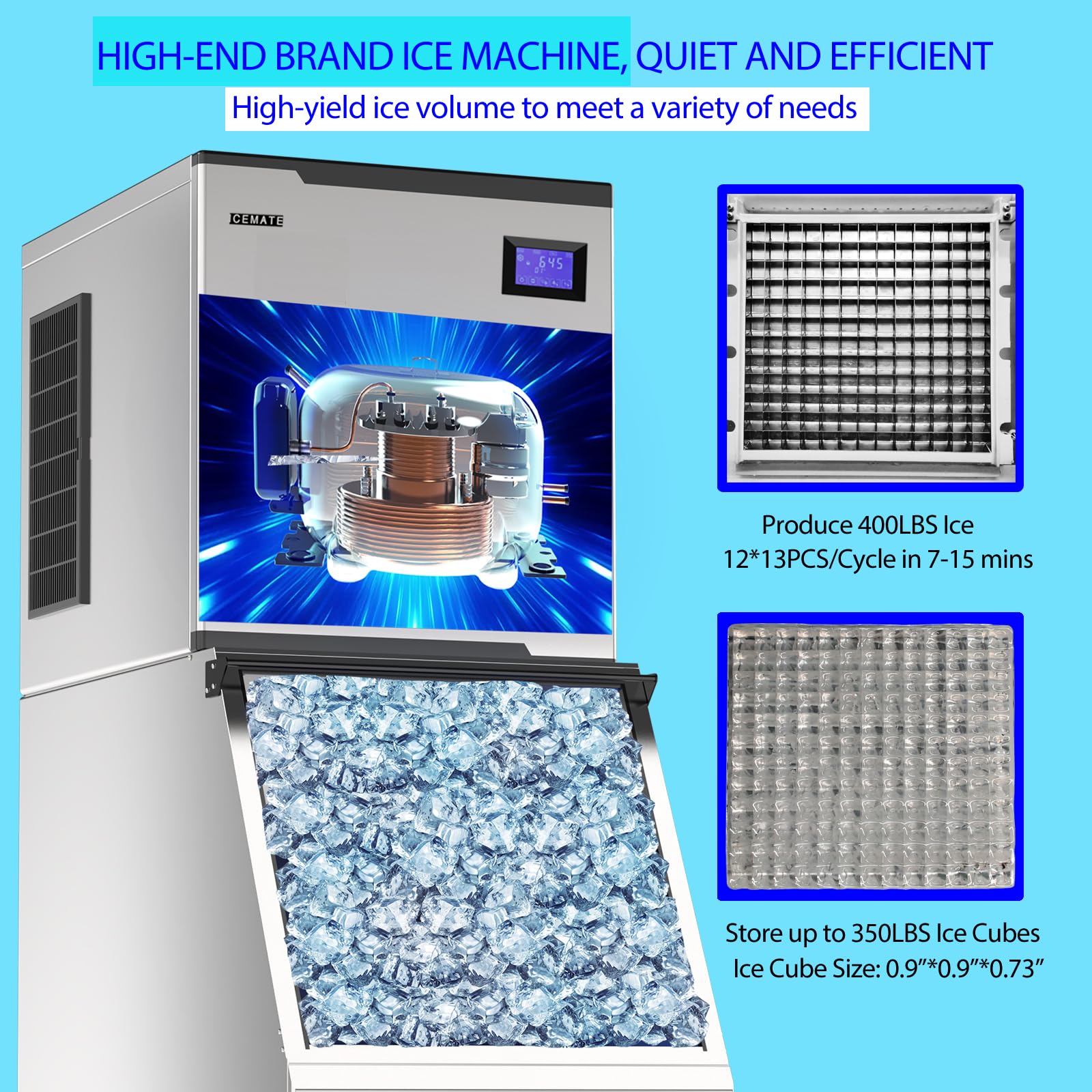 ICEMATE Commercial ice Maker Machine 400 LBS/24H Commercial Ice Machine with Storage 350 LBS Ice Maker Commercial with Drain Pump,Suitable for Restaurants, Bars, Coffee Shops, Large Families,etc