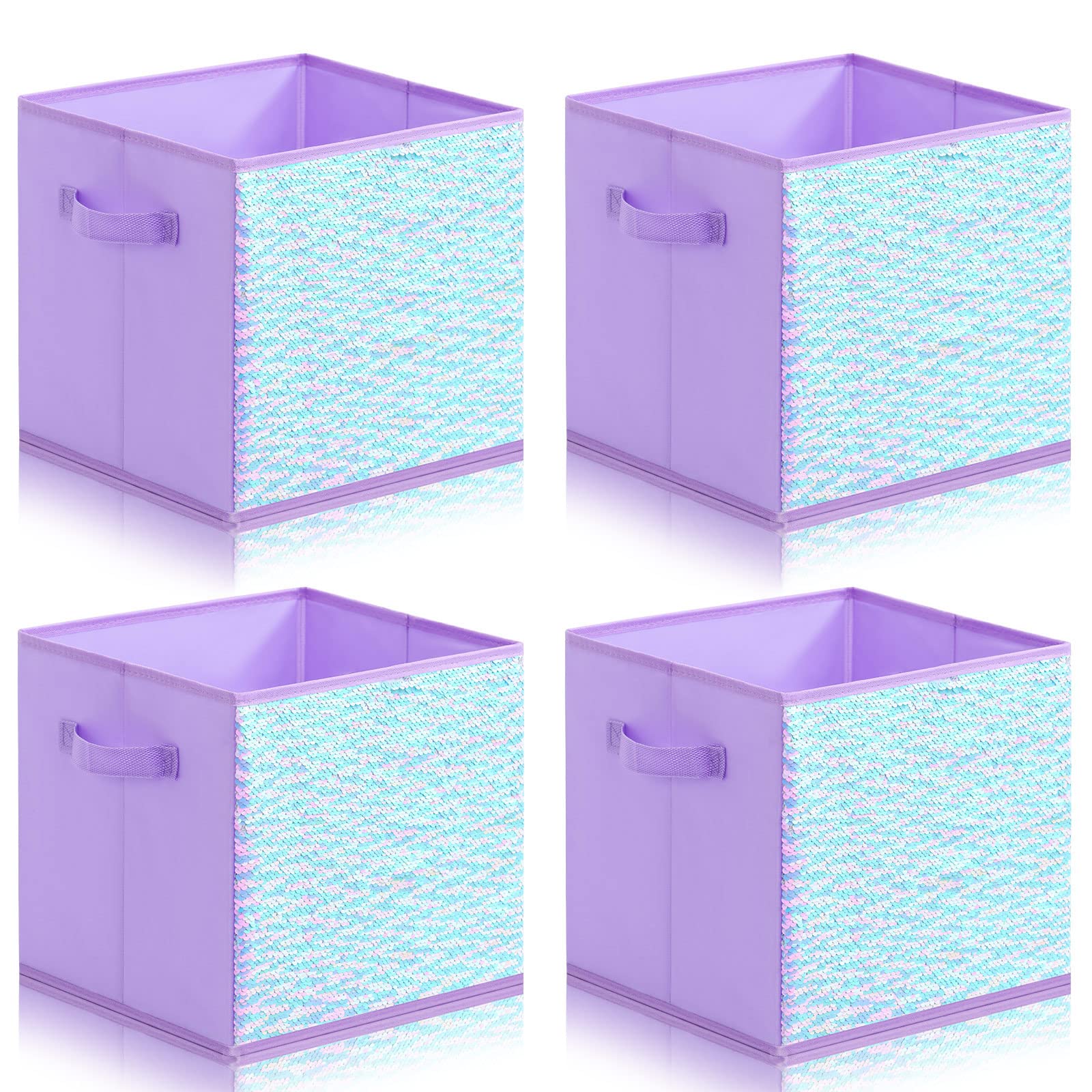 ELUCHANG Foldable Sequin Storage Basket Bin Closet Cubes Kids Toys Organizer Boxes, Collapsible Fabric Cubby Storage Bins for Girls,Organizing,Babies,Nursery,Shelves 11x11x11 (Purple,4PCS)