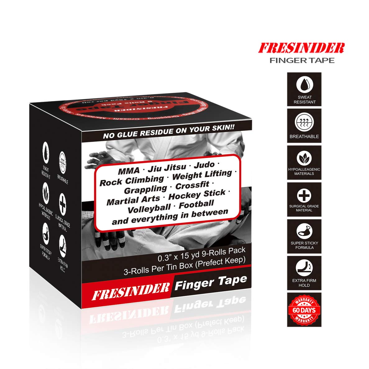 FRESINIDER Finger Tape - Strong Athletic Tape | 0.3β x 45 Feet (9 Pack) Tin Set | No Sticky Residue | for Rock Climbing, BJJ Jiu Jitsu, Grappling, Judo, MMA, Rock Climbing and Martial Arts (Black)