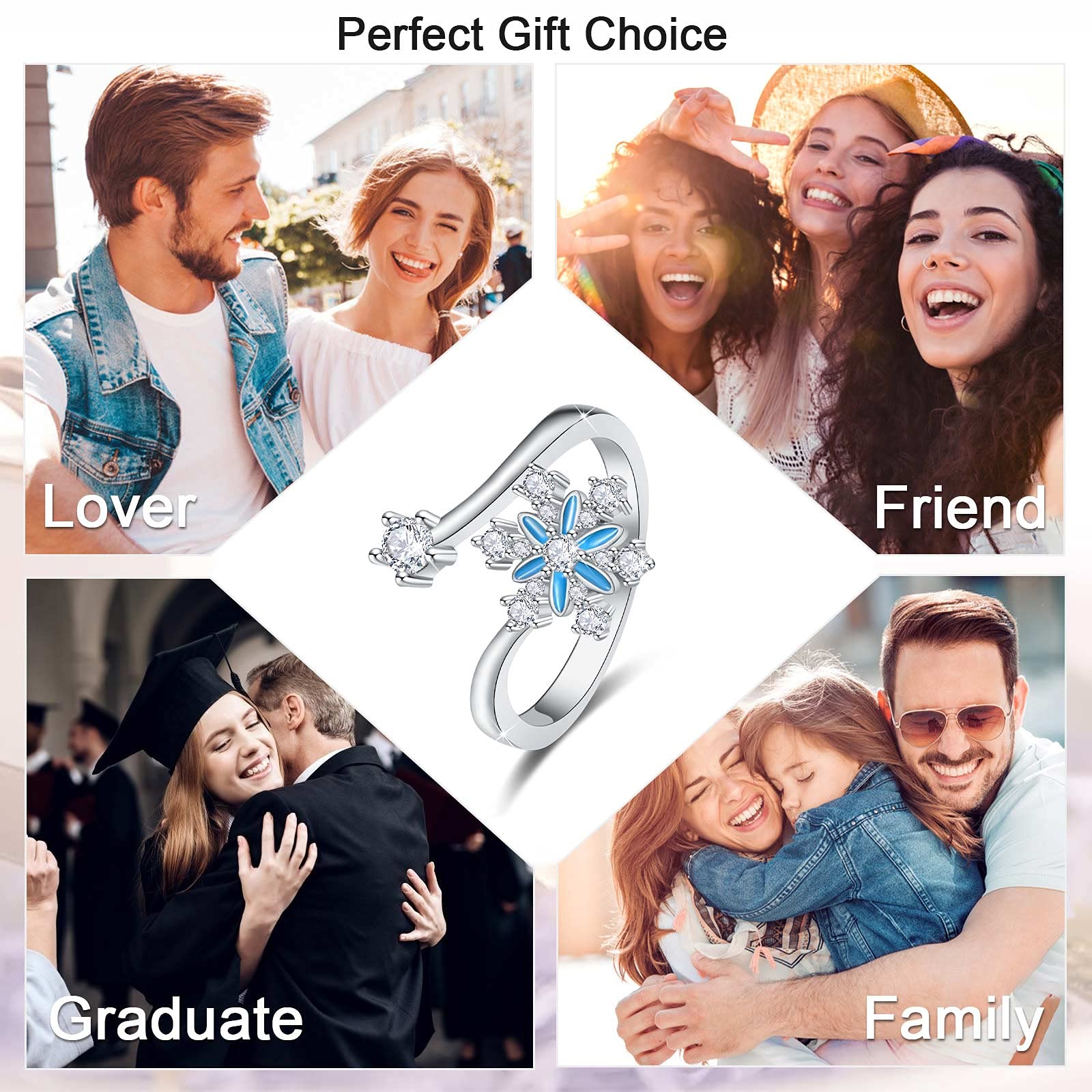 Cuoka Snowflake Ring, 925 Sterling Silver Snowflake Ring Open Statement Adjustable Rings Minimalist Ring Snowflake Jewelry Gifts for Women