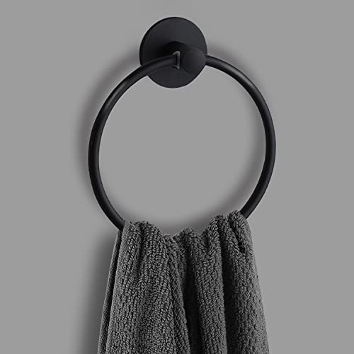 Towel Holder no Drill,Adhesive Towel Ring ,Stainless Steel Adhesive Hand Towel Hanger for Bathroom & Kithen Wall Mount, No Drilling Modern Hand Towel Hanger, Matte Black