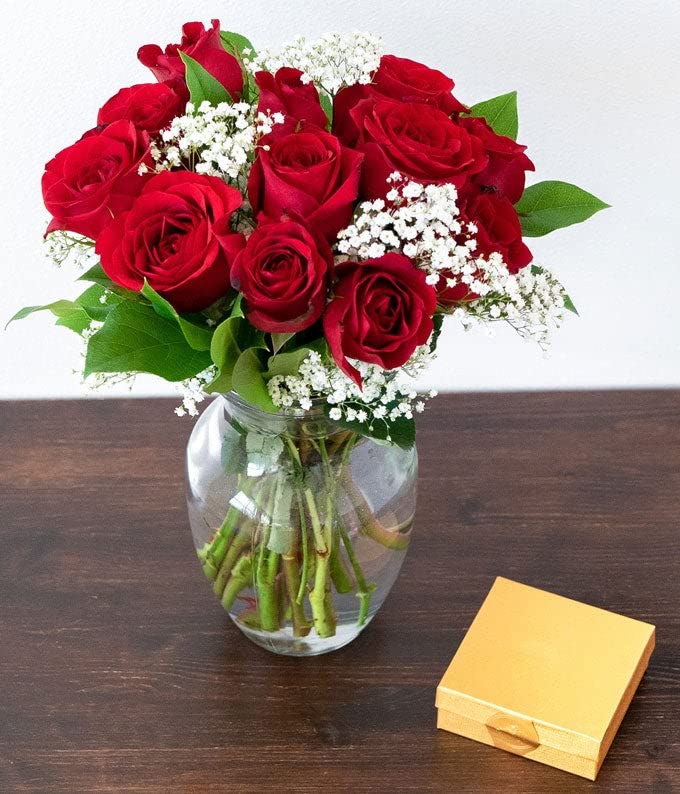 DELIVERY BY FRIDAY, 8/23 GUARANTEED IF ORDER PLACED BY 8/22 BEFORE 2PM EST From You Flowers - One Dozen Red Roses with Chocolates with Glass Vase (Fresh Flowers) Birthday, Anniversary, Get Well,