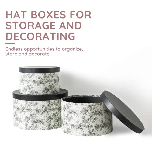 Soul & Lane Floral Hat Round Boxes with Lids - Set of 3: Nesting Cardboard Hat Storage, Large Black Print Hat Cases, Round Decorative Keepsake Boxes, Stacking Paper Mache Craft Boxes