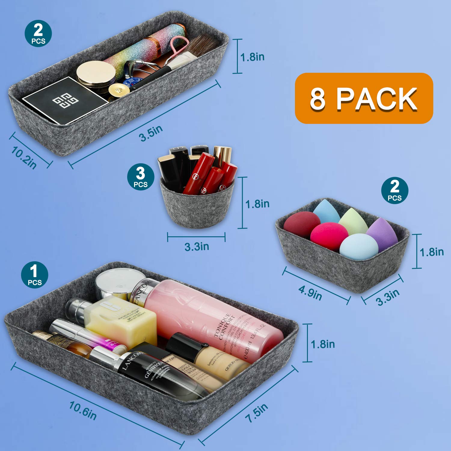 Drawer Organizers Bins Junk Drawer Organizer Tray Dividers for Office Kitchen Bathroom Bedroom Shallow Felt Drawer Storage Containers Cute Desk Drawer Organizer Separators Pack of 8,Grey