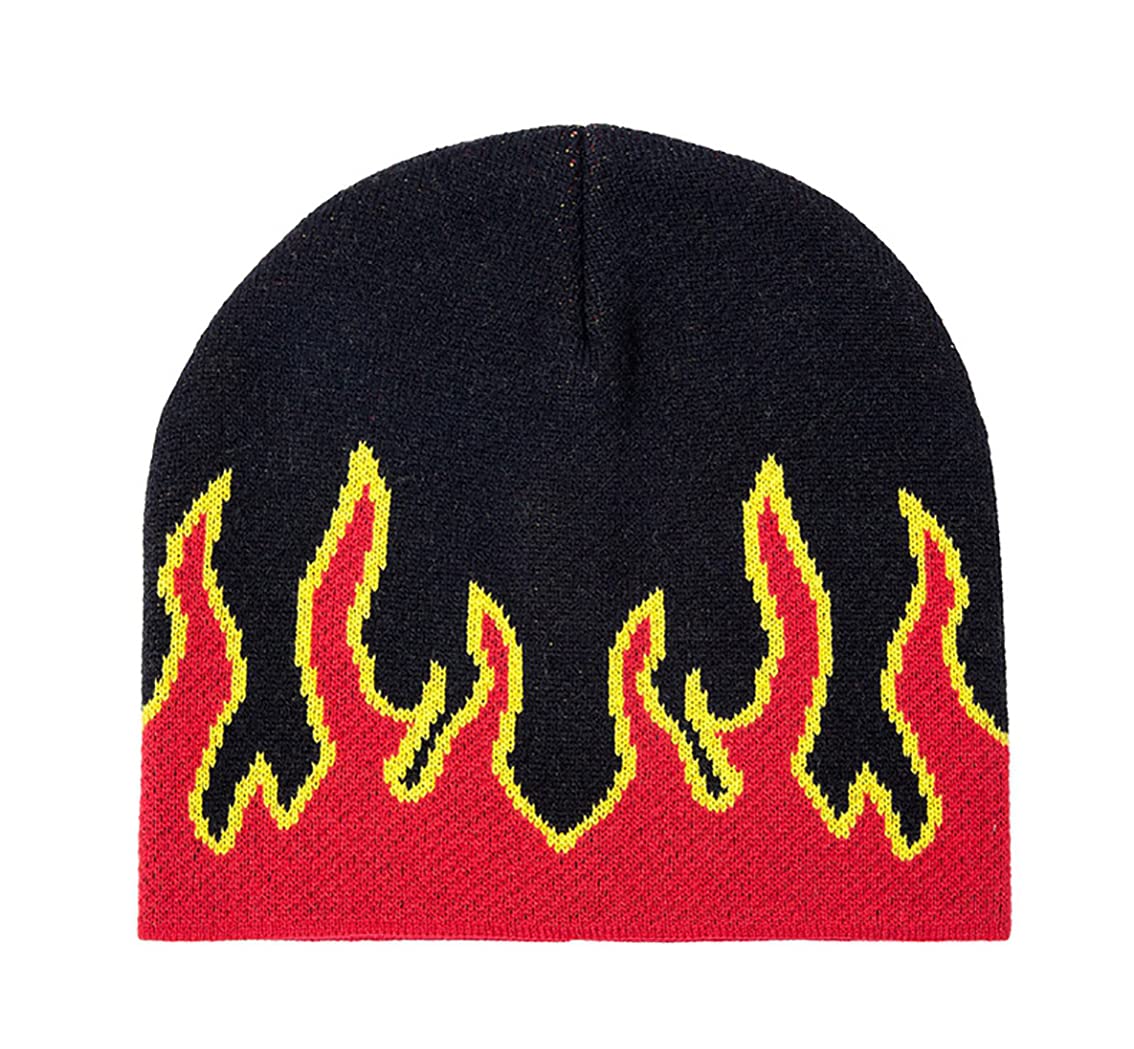 CORIRESHA Fall Winter Beanie Knit Hats for Men & Women, Warm & Soft Stylish Flame Skull Caps Red
