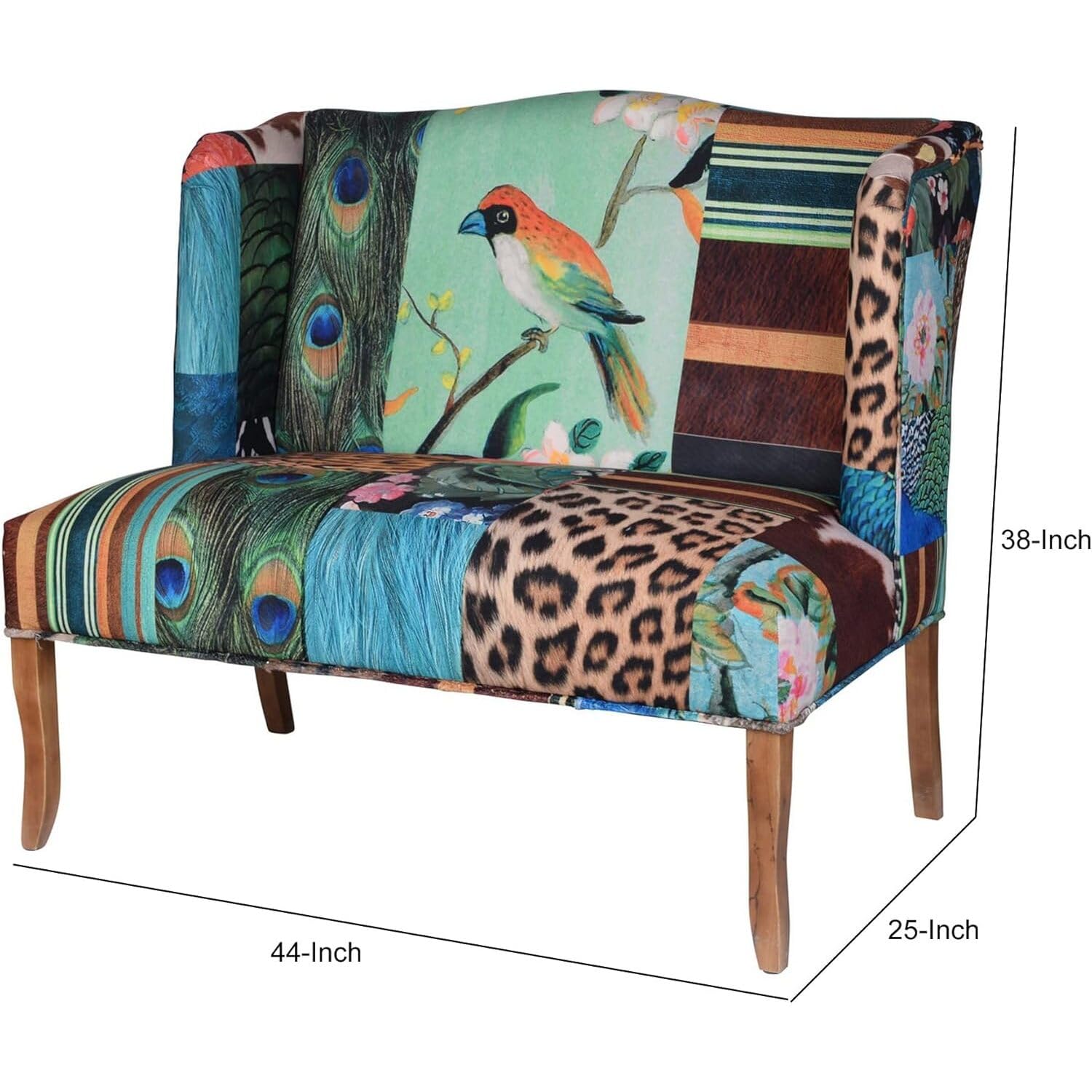 Maykoosh Modern Motifs Bird Collage Print Settee with Plush Velvet Upholstery, Adjustable Foot Pads, and Sturdy Wood Frame - 38” H for Vibrant Living Room or Hallway Seating