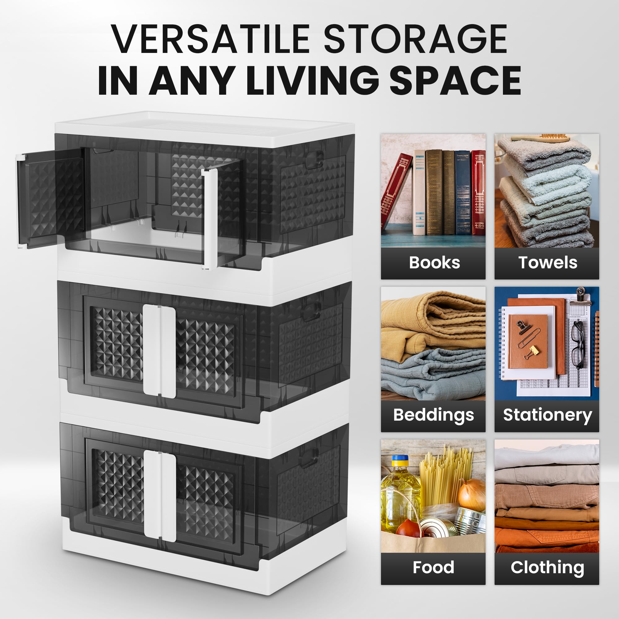 livluxe Closet Organizers and Storage, 8.4 Gal Storage Bins with Lids, 3 Pack, Collapsible, Stackable Storage Bins with Door, Wheels & Side Handles, Multiuse for Bedroom Office Trunk & More