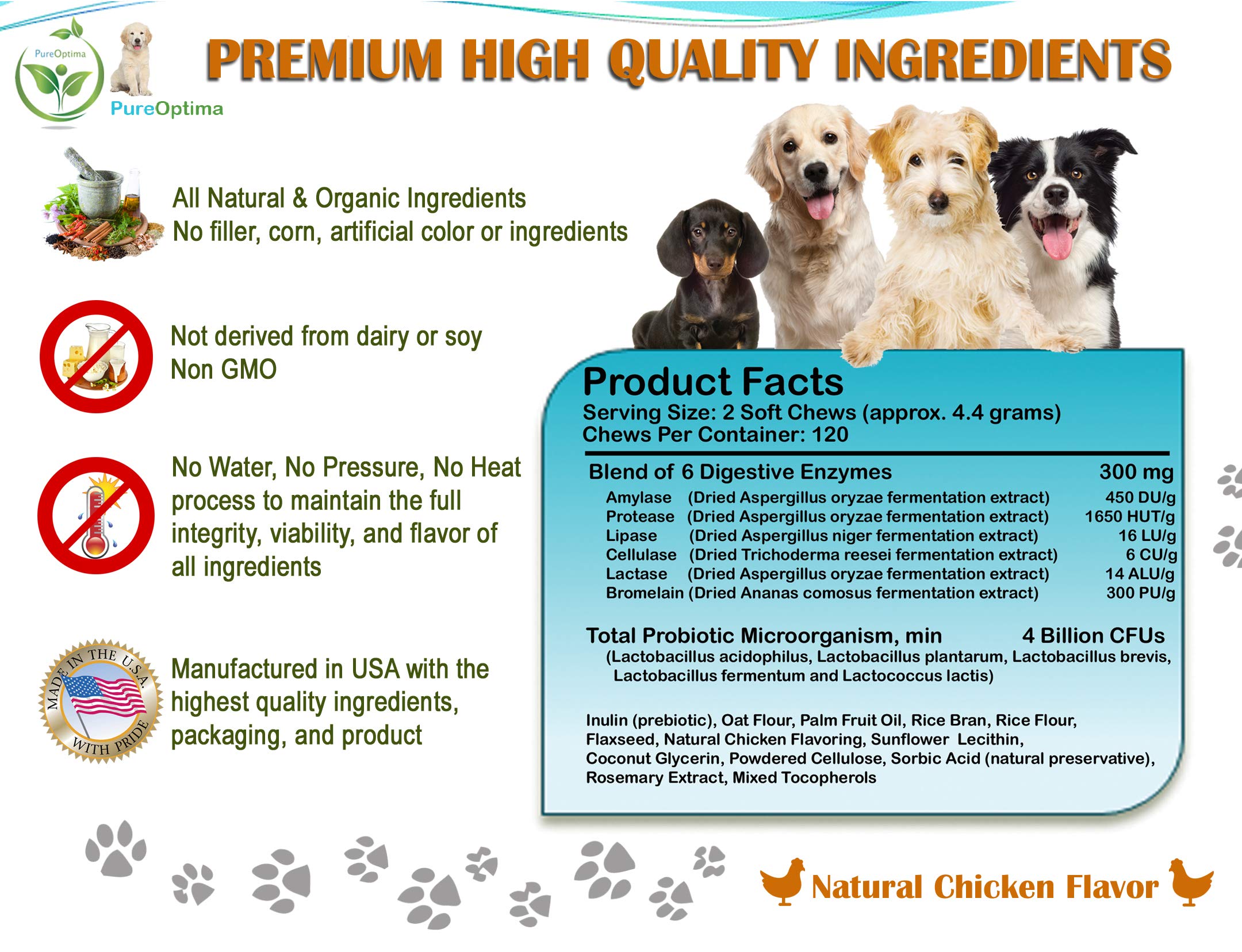 PureOptima Probiotics Chews for Dogs, Digestive Enzymes + Prebiotics Improves Digestion, Diarrhea, Constipation, Gas, Bad Breath, Leaky Gut, Allergy Immunity Daily Supplement 120 Counts