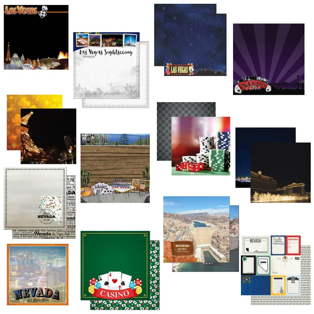 Custom Bundle - 13 Nevada Las Vegas Travel Vacation Themed 12" x 12" Scrapbook Papers - Various Brands