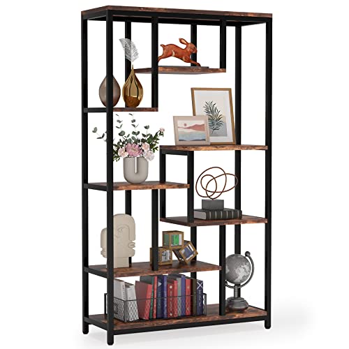 LITTLE TREE 70.8 Inches Tall Bookshelf, Industrial Bookcase for Home Office, Rustic Brown 8-Shelves Wood and Metal Frame Display Shelf Open Storage Organizer Shelves