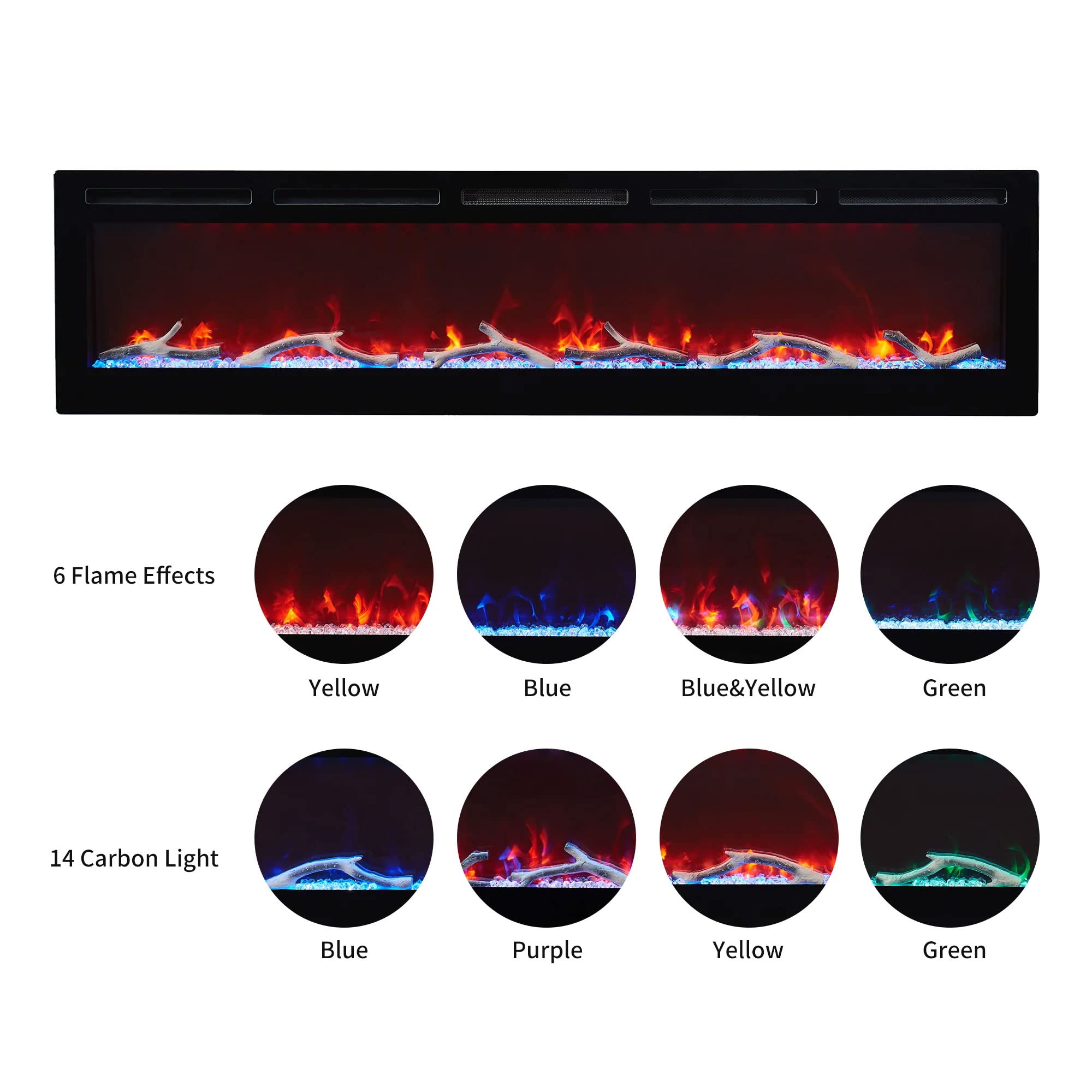 EDYO LIVING 60 inches Electric Fireplace Recessed and Wall Mounted Electric Fireplace Heater and Linear with Timer, Remote Control, Adjustable Flame Color