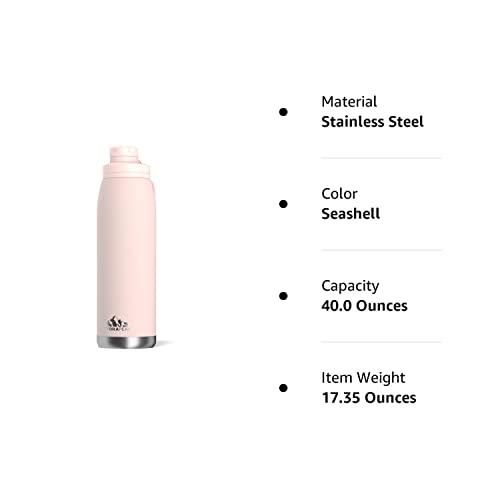 Hydrapeak 40 oz Insulated Water Bottle with Chug Lid - Leak Proof and Spill Proof Double Walled Vacuum Insulated Stainless Steel Water Bottles, Cold for 24 Hours | Hot for 12 Hours (Seashell)