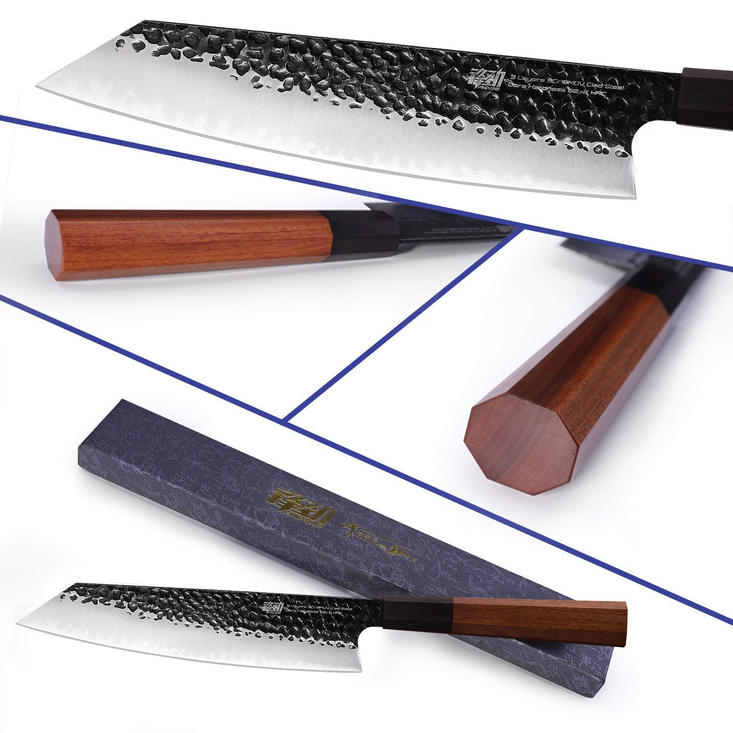 FINDKING 5Pcs Knife Set Dynasty series-3 layer 9CR18MOV clad steel w/octagon handle Chef's Knife with 18'' Acacia Wood Magnetic Knife Strip