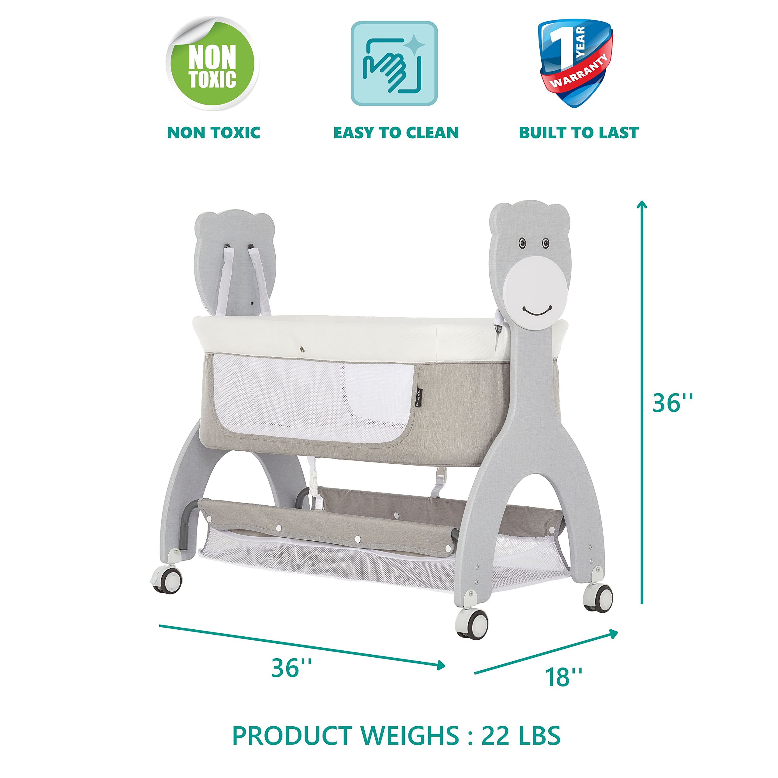 Dream On Me Cub Portable Bassinet in Grey, Multi-Use Baby Bassinet with Locking Wheels, Large Storage Basket, Mattress Pad Included, JPMA Certified