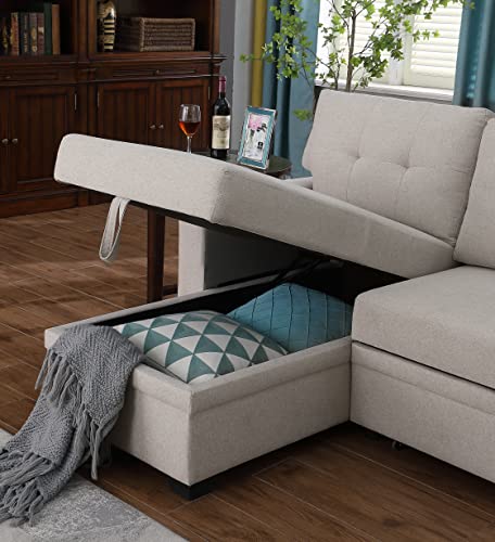LOVMOR 82 inch L-Shape Sofa Sectional Couch Convertible Sleeper with Storage Chaise and Pull-Out Bed, Linen Upholstered Reversible Corner 3 Person Couch, for Living Room, Apartment