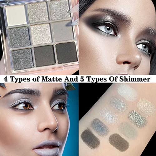 Daeuwiutr Black Grey Silver Smokey Glitter Eyeshadow Palette Cool Tone Highly Pigmented Eye Shadow Palette 9 Colors Matte Hypoallergenic Waterproof Eye Shadow Palette( Black Gray Silver #7)