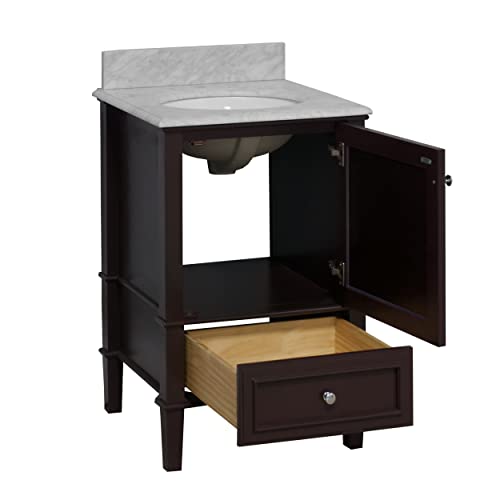 Olivia 24-inch Bathroom Vanity (Carrara/Chocolate): Includes Chocolate Cabinet with Authentic Italian Carrara Marble Countertop and White Ceramic Sink