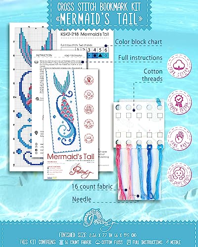 Povitrulya Mermaid's Tail - Counted Cross Stitch Bookmark Kit - DIY Embroidery Set for Adults with Paper Pattern, 16-Count Aida Canvas and Presorted Floss