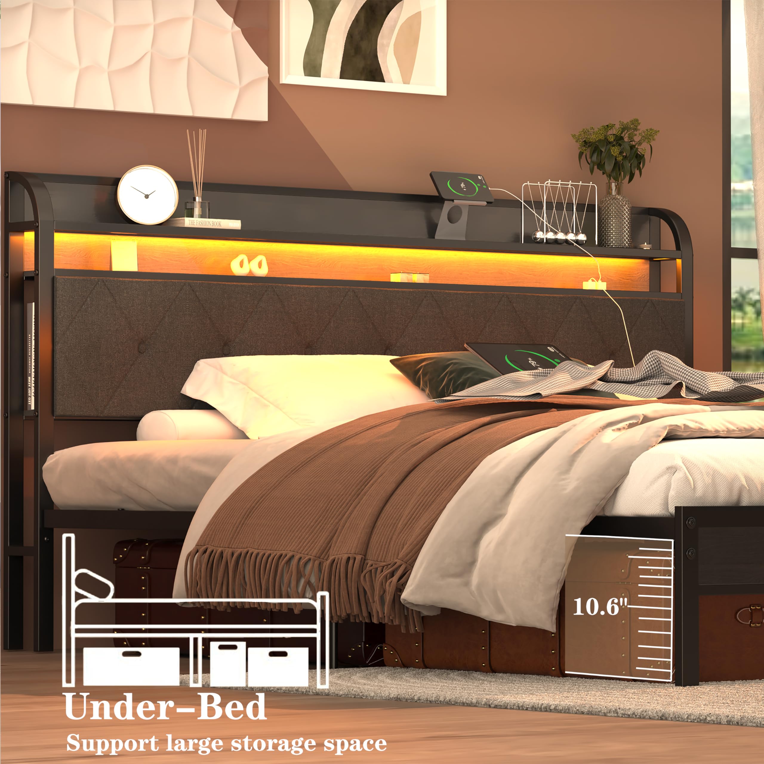Ptsyz Bed Frame Full Size with Charging Station and LED Lights,Upholstered Headboard with Storage Shelves（Dark Grey），Noise Free，Easy Assembly，No Box Spring Needed，Sturdy and Durable.